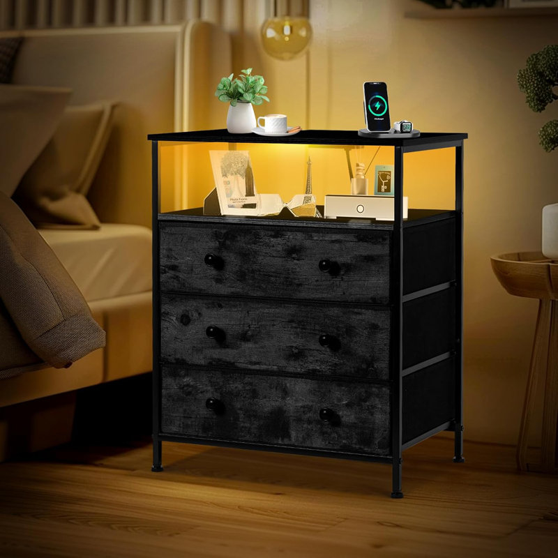 3 Drawers Dresser With Charging Station 24 Inch Wide Led Night Stand Set 2 With Adjustable Fabric Drawer Nightstand With Storage Shelf For Living